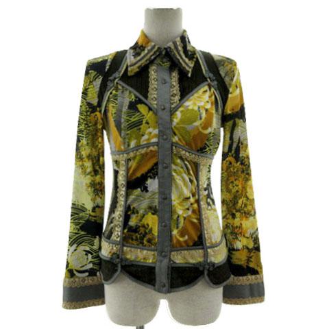 【中古】オッズオネスト OZZ ONESTE シャツ レース切替え 長袖 ストレッチ 総柄 グレー 黄系色 マルチカラー