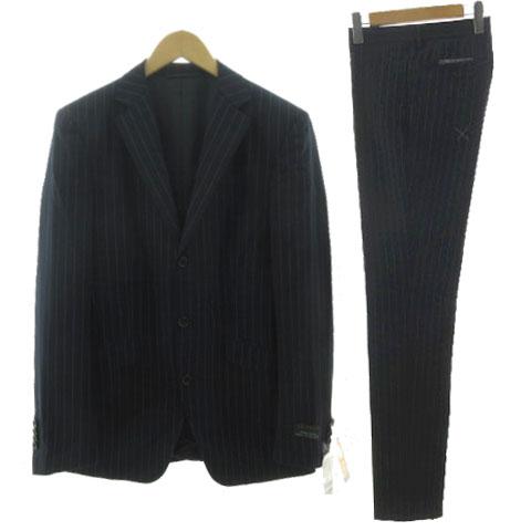 【中古】ドールオム D'or Homme スーツ SHINY FIT ジャケット ナロー段返り 3B パンツ ストライプ 紺 青 94YA7