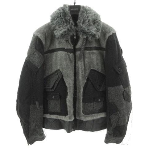 【中古】未使用品 DOLCE&GABBANA ジャケット ファー パッチワーク ヘリンボーン切替え イタリア製 グレー 52