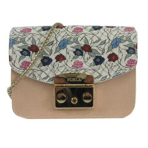 【中古】FURLA メトロポリス METROPOLIS ミニ クロスボディ ショルダーバッグ 花柄 白 ピンクベージュ マルチカラー