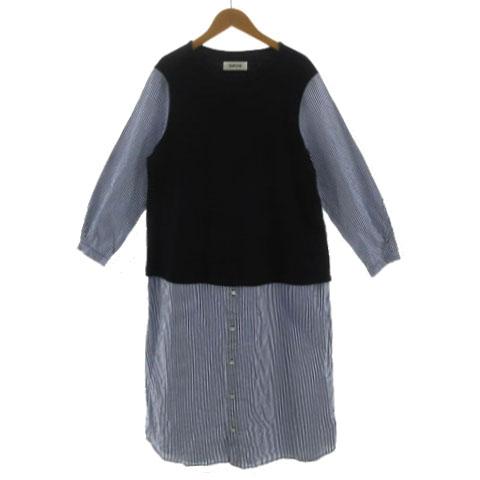 【中古】ズッカ zucca シャツドッキング ワンピース ZU91FH182 長袖 ミモレ丈 日本製 コットン ストライプ 紺 白 M