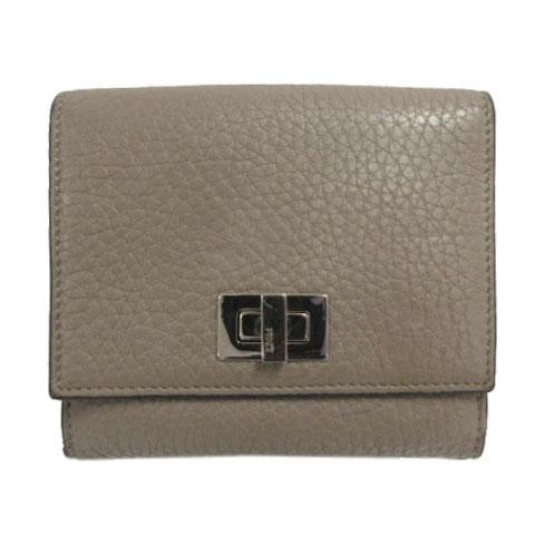 【中古】フェンディ FENDI 2つ折り財布 ピーカブー セレリア 小銭入れ付き レザー型押し イタリア製 グレージュ