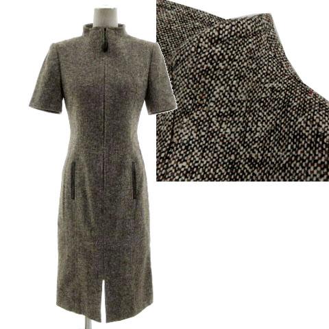 【中古】ミス アシダ miss ashida オフネックハーフジップツイードワンピース 半袖 ミディ丈 ウール混 茶 黒 オフ白 7