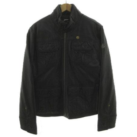 【中古】ジースターロウ G-Star RAW ドライデンレザージャケット ライダースジャケット 羊革 ロゴ刺繍  ブラック 黒 L