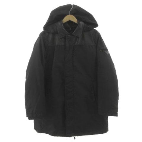 【中古】PRADA ステンカラーコート  フード ヌートリアファー 羊革切替え 三角ロゴプレート ライナー付き 伊製 黒 48