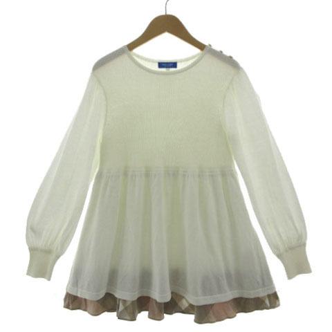 【中古】ブルーレーベルクレストブリッジ ニット チュニック丈 裾フレア レイヤード風 チェック オフ白 38