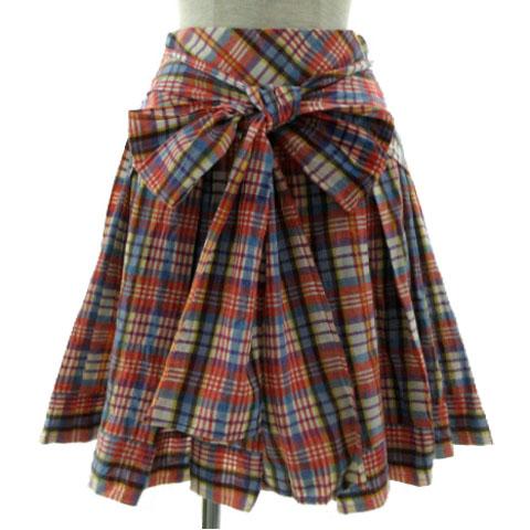 【中古】ジェーンマープル Jane Marple スカート ボックスプリーツ リボン フレア ひざ丈 チェック マルチカラー M