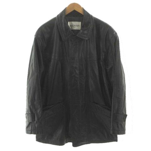 【中古】バルマン BALMAIN 羊革 レザーステンカラーコート ジップアップ ブラック 黒 L メンズ