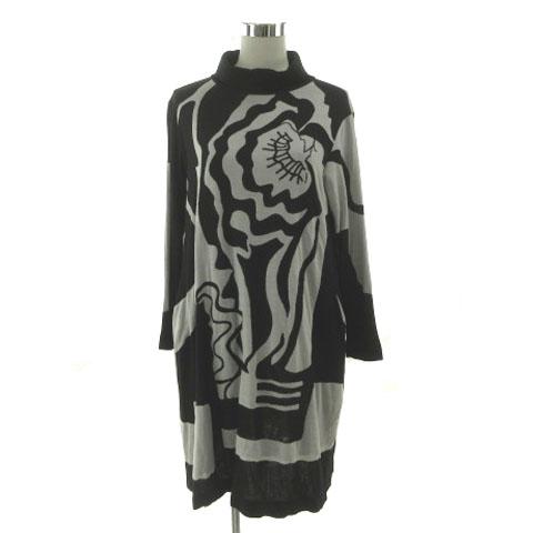 【中古】HIROKO KOSHINO 花柄モチーフバルーンチュニック オフタートル ひざ丈ワンピース 黒 グレージュ系 40