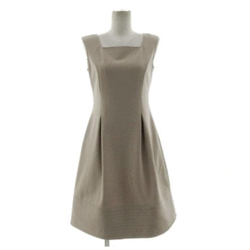 【中古】ルネ Rene basic スクエアネック ステッチ ワンピース 5826320 ノースリーブ ストレッチ グレージュ系 34