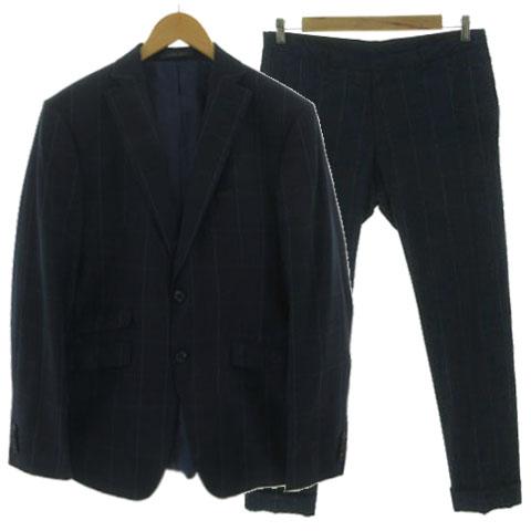 【中古】ザラマン ZARA MAN スーツ ジャケット パンツ 裾ダブル 格子柄 紺 グレー EUR50 EUR44 大きいサイズ