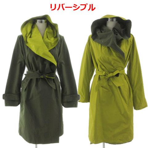 【中古】MAX MARA CITY リバーシブル フード コート 10211154 リボンベルト イタリア製 カーキ うぐいす色 44