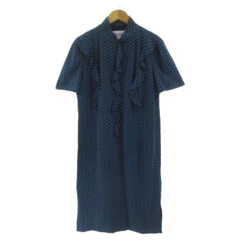 【中古】ジュンアシダ jun ashida フリルシルクワンピース P08208 マオカラー シルク 総柄 青系 黒 13 レディース