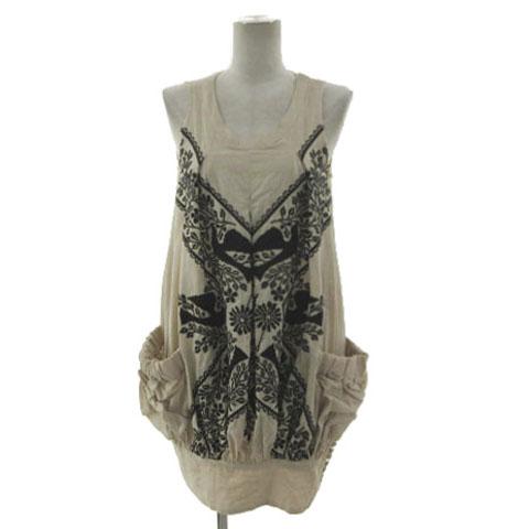 【中古】未使用品 レキサミ REKISAMI ワンピース 刺繍 ノースリーブ コクーン ひざ丈 リネン混 ラメ ベージュ 黒 38