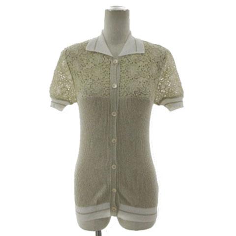 【中古】ヴァレンティノ VALENTINO 襟付きニットシャツ カーディガン 花柄レース切替え ラメ ベージュ 白 ゴールド