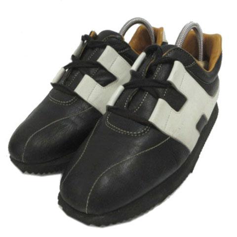 【中古】エルメス HERMES ドリブル スニーカー Hロゴ レザー イタリア製 ブラック 黒 オフ白 37 レディース