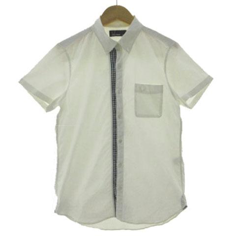 【中古】フレッドペリー FRED PERRY ギンガム トリム ボタンダウン シャツ F4384 胸ポケ ロゴ刺繍 半袖 オフ白 青 XS