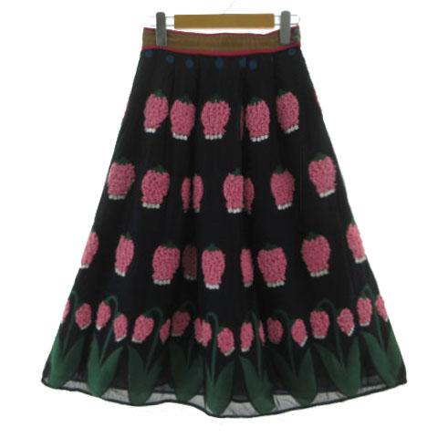 【中古】フランシュリッペ ぽこぽこスズランスカート ミモレ丈 ウエストゴム ネイビー 紺 ピンク 緑 青 シルバー M