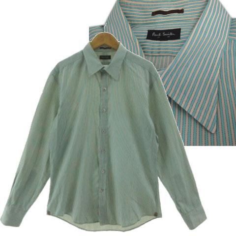 【中古】PAUL SMITH COLLECTION ストライプ シャツ 164630 長袖 日本製 コットン エメラルドグリーン ベージュ 青 L