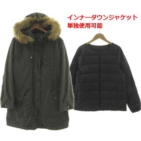 【中古】OZOC インナーダウン付き中綿モッズコート インナーダウンジャケット単独使用可能 ファー カーキ 38