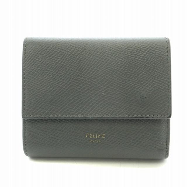【中古】セリーヌ スモールトリフォールドウォレット グレインドカーフスキン 三つ折り財布 コンパクト ロゴ グレー