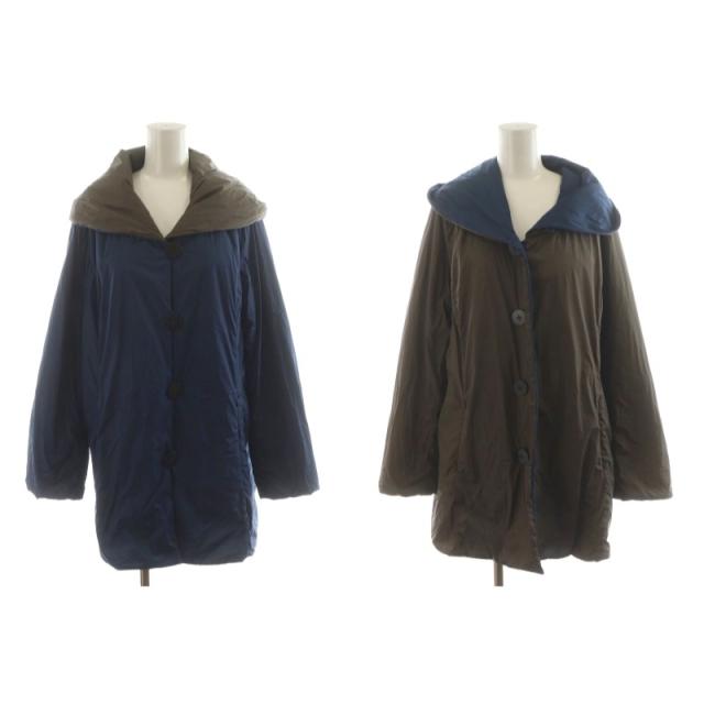【中古】レリアン Leilian 中綿コート ロング丈 フード ナイロン 大きいサイズ バイカラー アウター 13+ 紺 茶