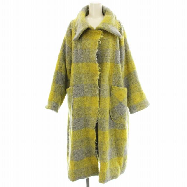 【中古】ヤスユキオジマ Yasuyuki ojima ウール シャギーファー ロング コート チェック 黄色 グレー