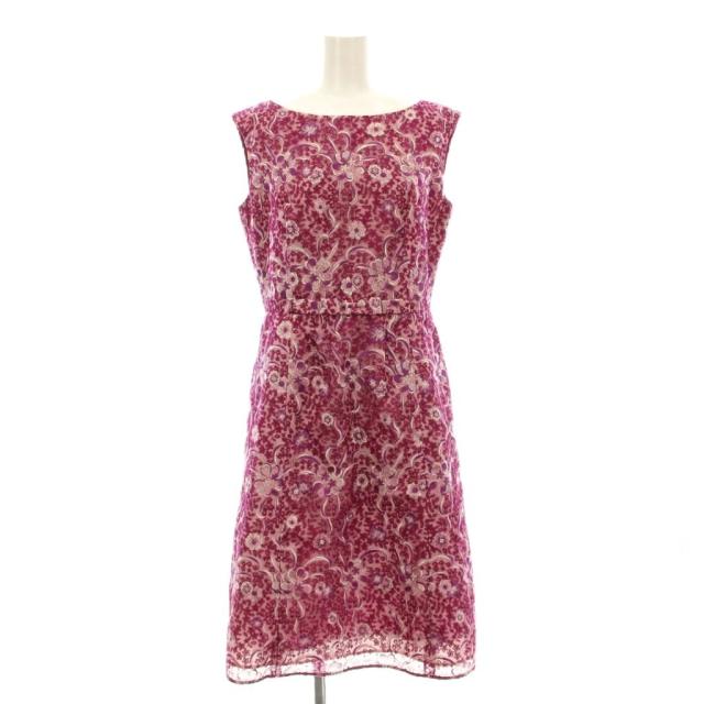 【中古】トッカ ワンピース フレア ミモレ ロング ノースリーブ 花柄 刺繍 リボン 4 ピンク 紫 パープル OPTOKW0340