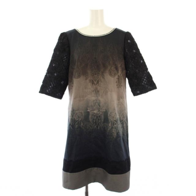 【中古】インポートロッサ import Rossa ワンピース 五分袖 ひざ丈 総柄 44 黒 ベージュ 305-260 /TK ■MU レディース