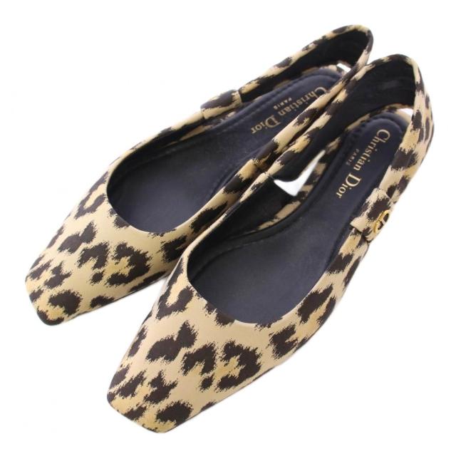 【中古】クリスチャンディオール MIZZA スリングバック フラット パンプス ストラップ ヒョウ柄 ベージュ 黒 ■BM