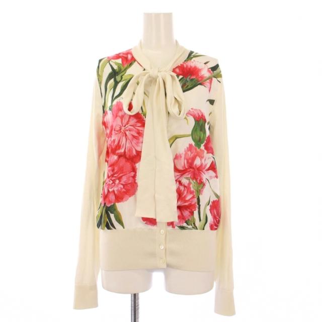 【中古】ドルチェ&ガッバーナ ドルガバ ニットカーディガン ボウタイ 長袖 花柄 シルク 切替 ストレッチ 40 白 ■BM