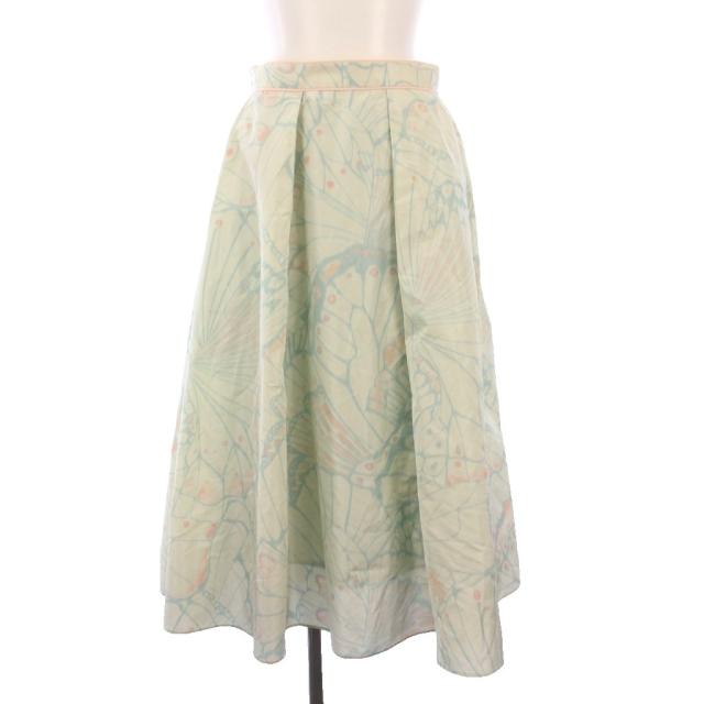 【中古】アナイ 25SS バタフライプリントタック フレアスカート ロング 36 ミントグリーン 102517-11-180-73-360