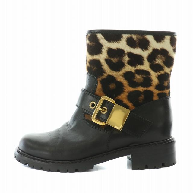 【中古】ジュゼッペザノッティデザイン エンジニアブーツ ショートブーツ ヒョウ柄 ハラコ レザー 黒 茶 ■MT