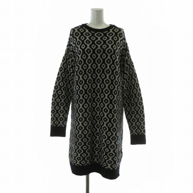 【中古】'S Max Mara ニットワンピース ウール モヘヤ混 カシミヤ混 長袖 ロング クルーネック 総柄 S 黒 白