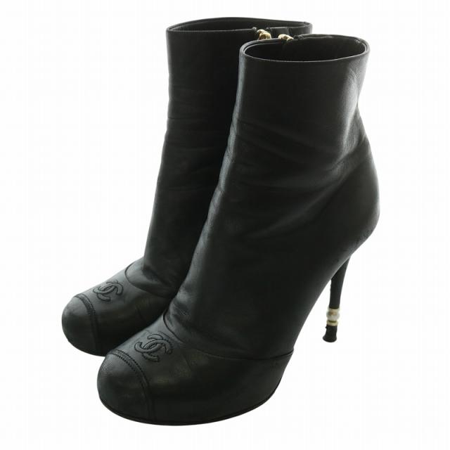 【中古】シャネル CHANEL ショートブーツ レザー ラウンドトゥ ハイヒール パール ココマーク 35.5 22.5cm 黒