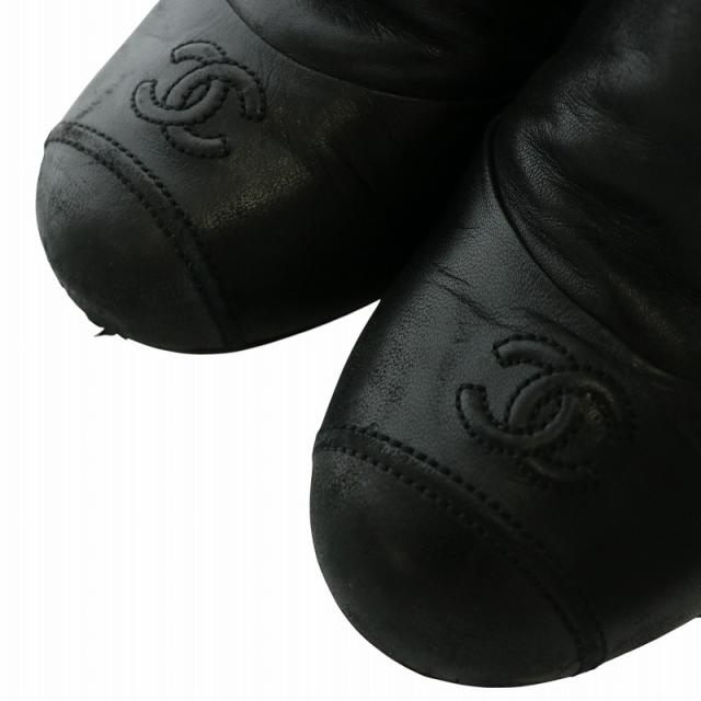 【中古】シャネル CHANEL ショートブーツ レザー ラウンドトゥ ハイヒール パール ココマーク 35.5 22.5cm 黒