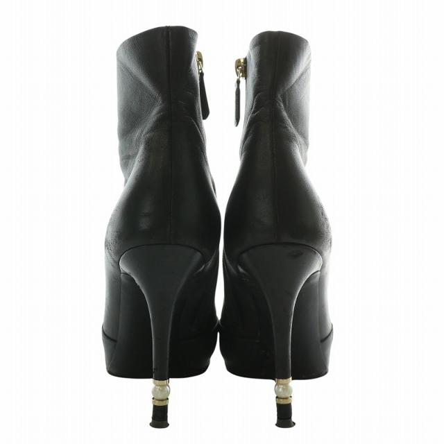 【中古】シャネル CHANEL ショートブーツ レザー ラウンドトゥ ハイヒール パール ココマーク 35.5 22.5cm 黒