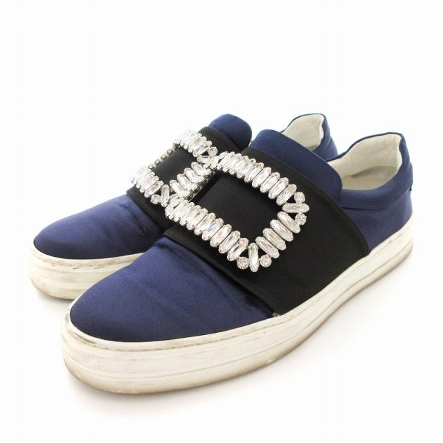 【中古】ロジェヴィヴィエ ROGER VIVIER スリッポン スニーカー ビジューバックル 37 紺 ネイビー 黒 /UO ■GY19