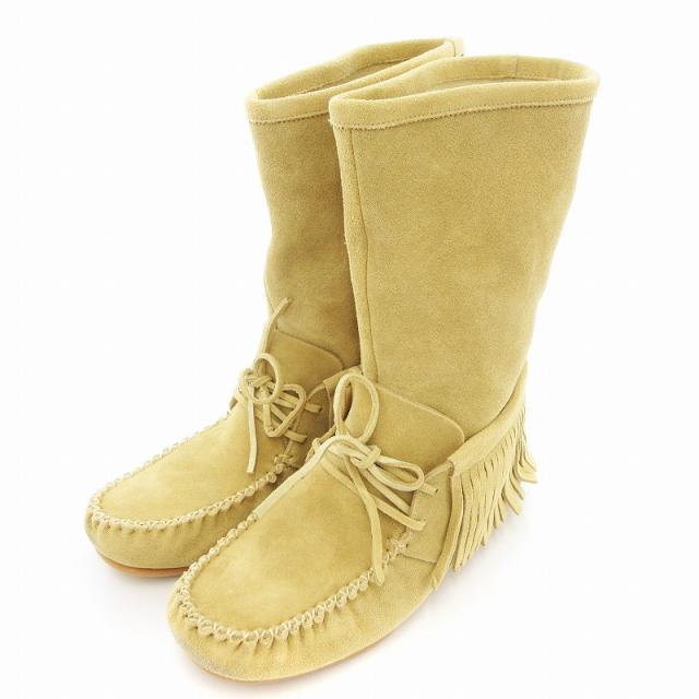 【中古】ロエベ LOEWE ショートブーツ スエード フリンジ 38 ベージュ /UO ■GY19 レディース