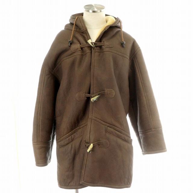 【中古】JOHNS HAMER OCTOPUS ARMY ヴィンテージ ムートン レザー ダッフルコート フード シープスキン L こげ茶