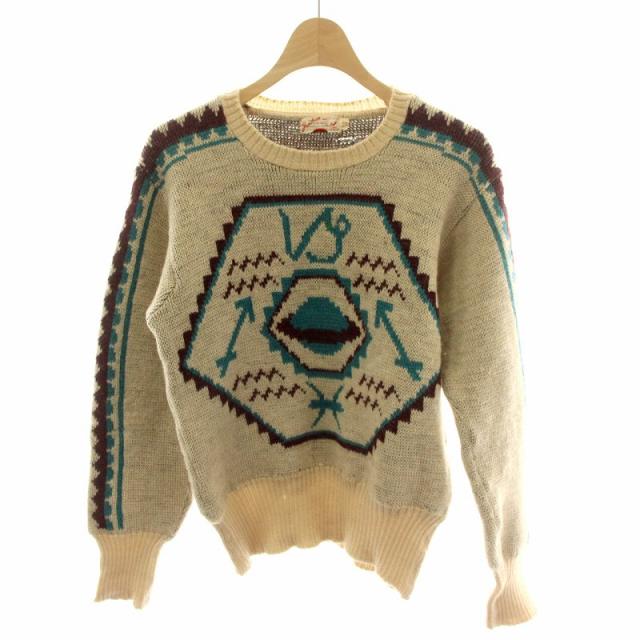 【中古】ヴィンテージ 50s USA製 ジャンセン jantzen ニット セーター 長袖 総柄 ネイティブ柄 38 ベージュ 緑