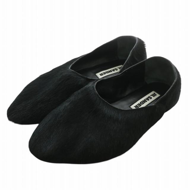 【中古】ジルサンダー JIL SANDER スリッポン フラットシューズ ハラコ ファー 35.5 22.5cm 黒 ブラック