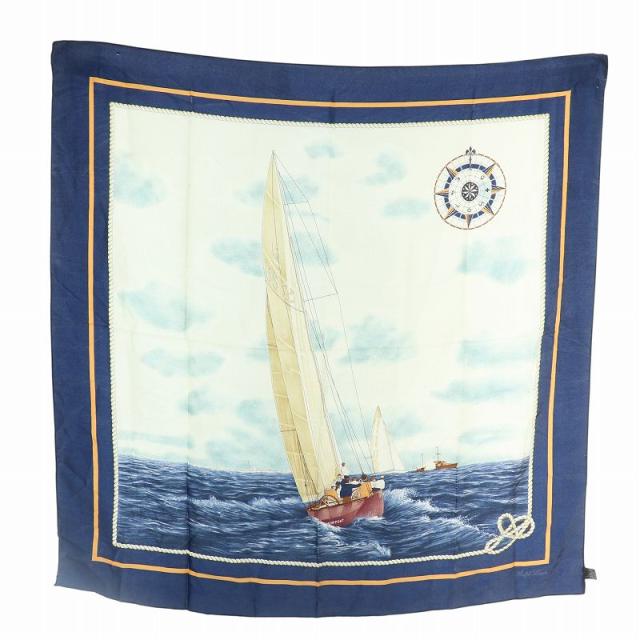 【中古】ラルフローレン RALPH LAUREN ヴィンテージ スカーフ 絹 シルク 大判 ヨット 総柄 ロゴ 紺 ネイビー
