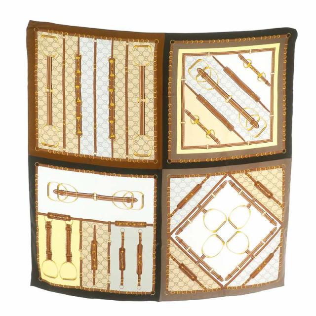 【中古】グッチ GUCCI 786222 プリント シルク スカーフ ストール 大判 ヘリテージ ベルト GG柄 ロゴ 総柄 茶