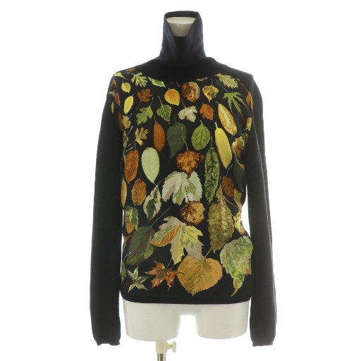 【中古】エルメス マルジェラ期 ヴィンテージ ツイルレーヌ 切替 カシミヤ ニット セーター リーフ 総柄 シルク 40 黒