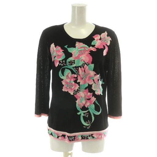 【中古】レオナール LEONARD サマーニット セーター 長袖  クルーネック ハイゲージ 刺繍 花柄 シルク混 38 M 黒