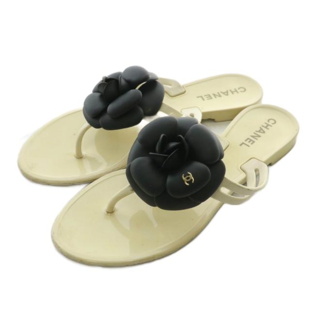 【中古】シャネル CHANEL ビーチサンダル トング ラバー カメリア ココマーク 36 23cm オフホワイト 黒 ブラック