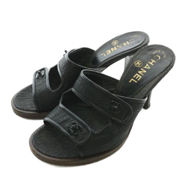 【中古】シャネル CHANEL ミュール サンダル ココマーク ターンロック ストロー 34.5 21.5cm 黒 ブラック レディース