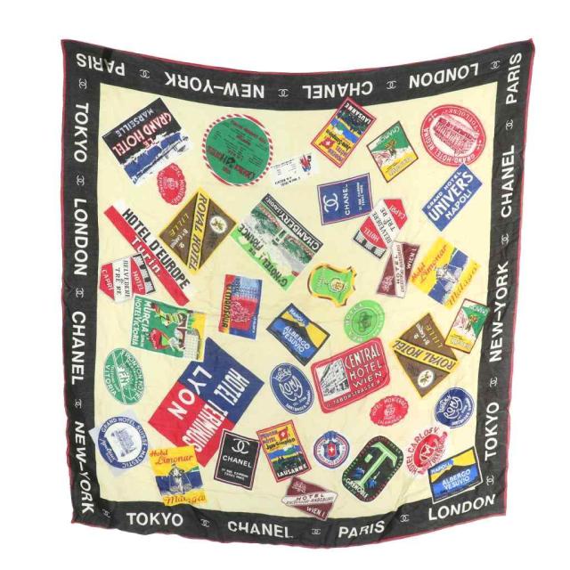 【中古】シャネル CHANEL スカーフ 絹 シルク 世界のホテル 総柄 ココマーク ロゴ ベージュ 黒 ブラック