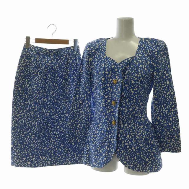 【中古】Christian Dior PRET-A-PORTER セットアップ ノーカラージャケット タイトスカート シルク混 総柄 9 M 青 白